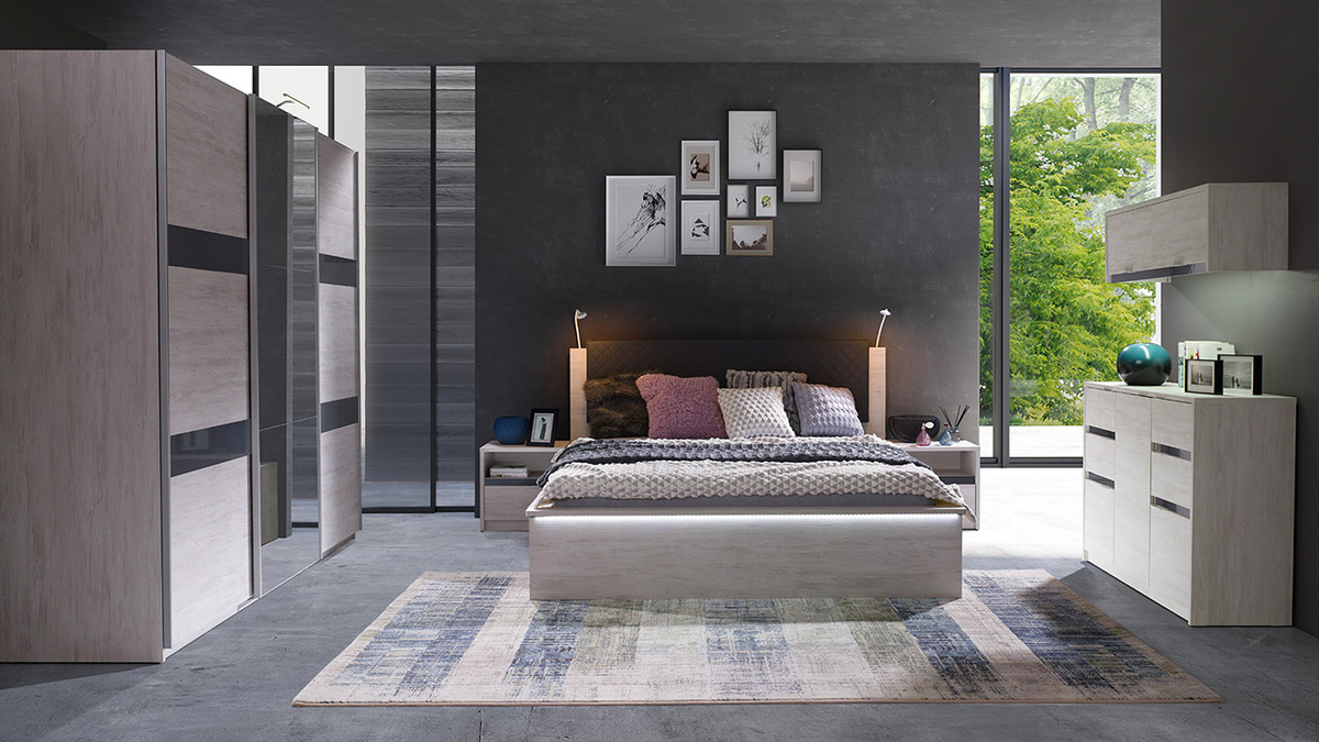 Set de chambre Providence F120 (Chêne blanchi + Graphite brillant ...