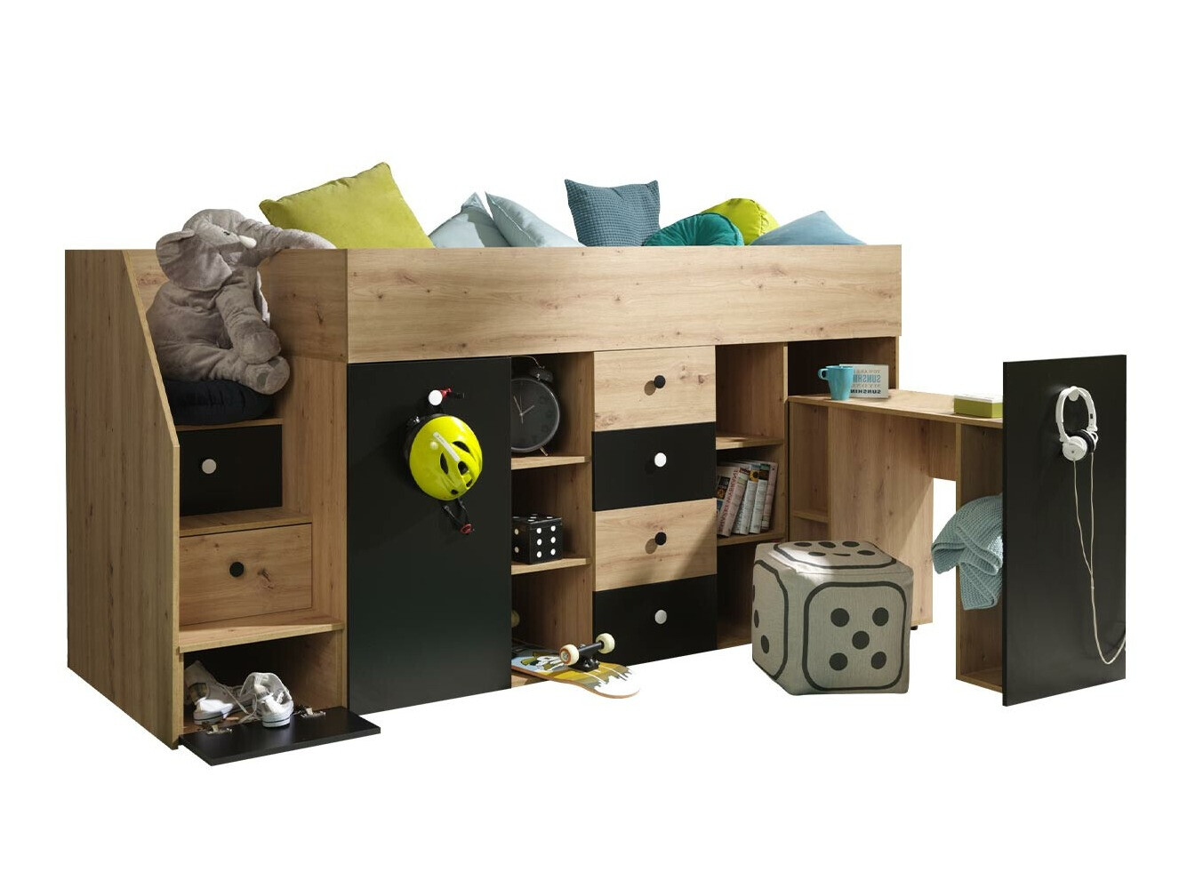 Lit haut Hartford 361 (Chêne Artisan + Noir) - Lits | Mobilier1.fr